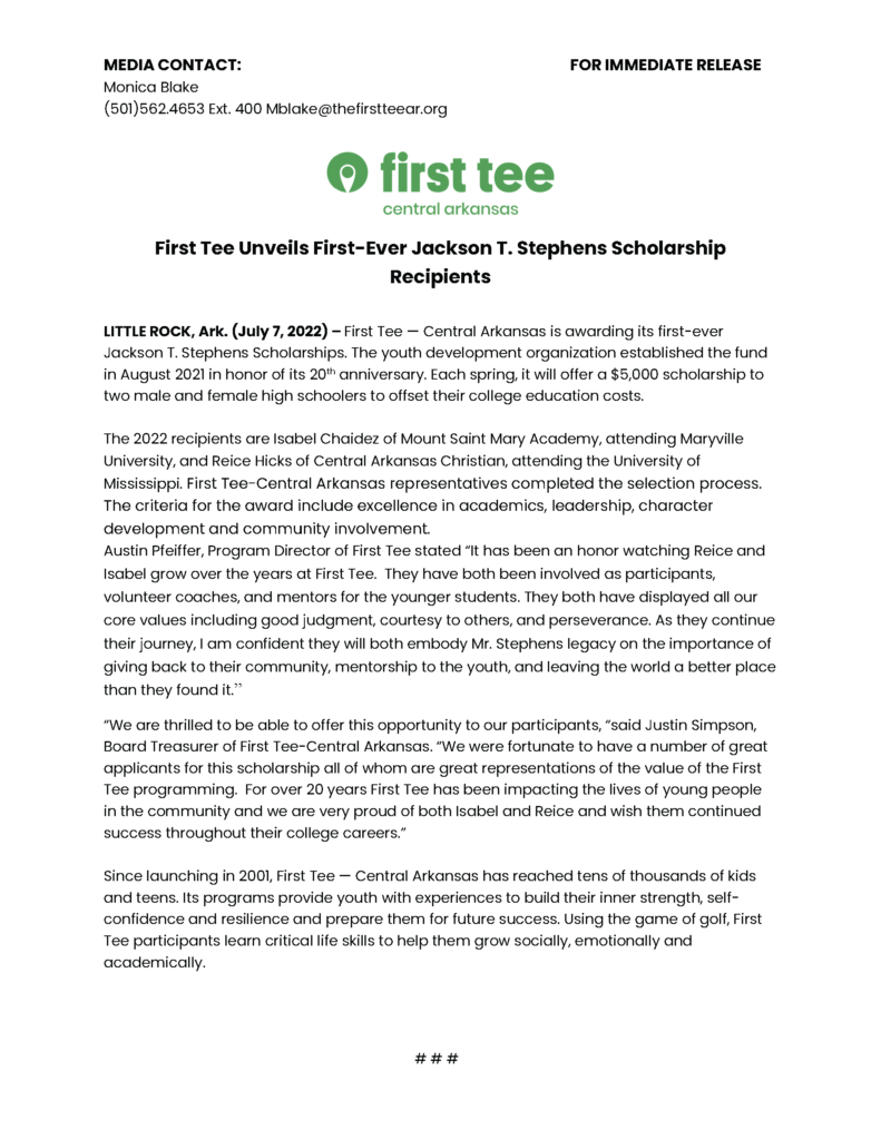 Jackson T. Stephens Scholarship Recipients - First Tee - Central Arkansas